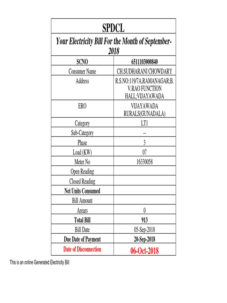 SPDCL: Your Electricity Bill For The Month of September-2018 | PDF ...