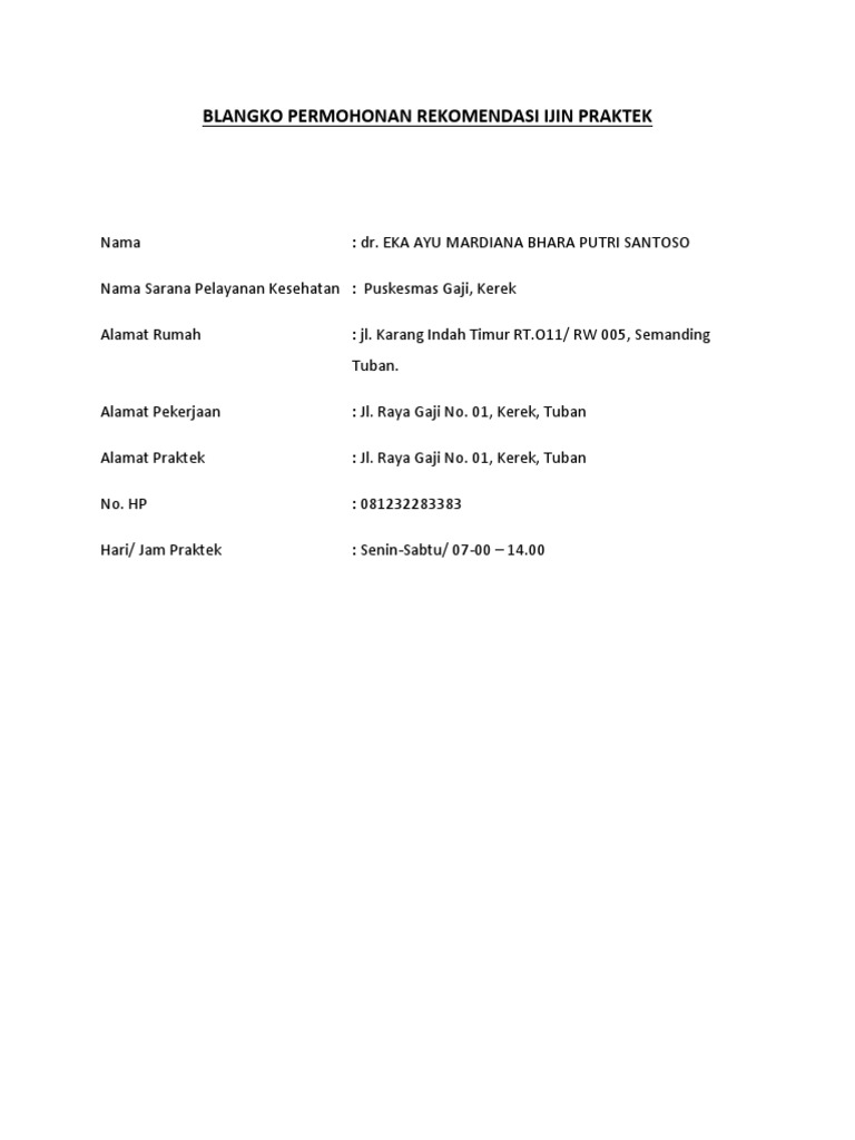 Blangko Permohonan Rekomendasi Ijin Praktek Dr. Eka | PDF