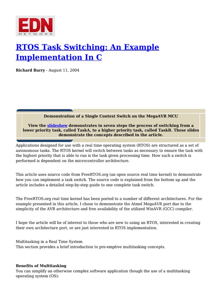 RTOS Task Switching An Example Implementation in C | PDF | Scheduling (Computing) | Operating System
