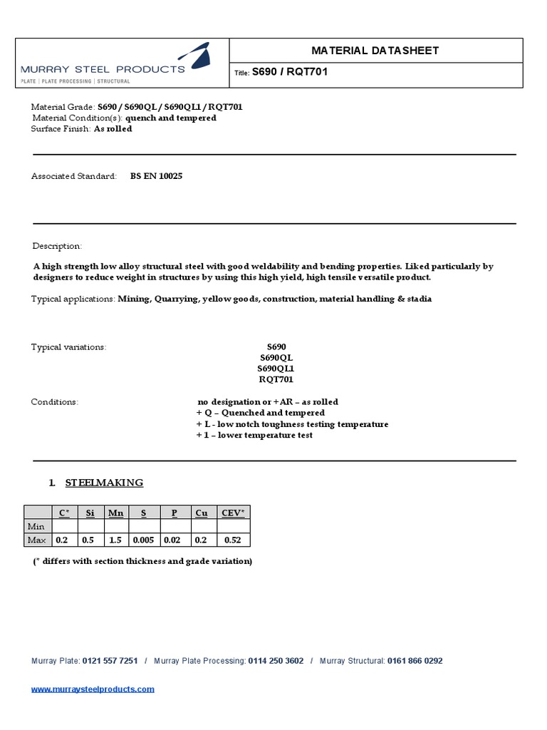 S690 RQT701 High Strength Steel - Murray Plate | PDF | Structural Steel ...