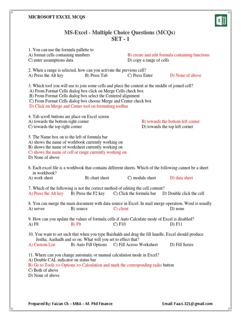 2-Microsoft Excel MCQs | Microsoft Excel | Spreadsheet