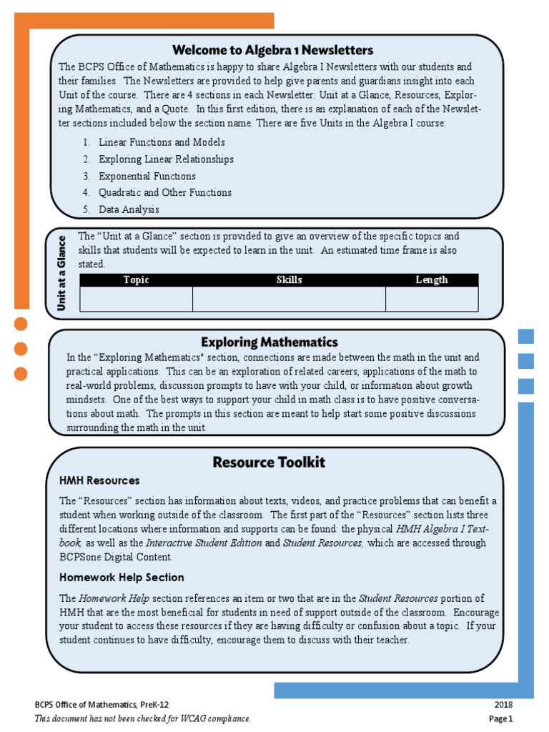 Algebra 1 Unit 1 Overview Newsletter | PDF | Teaching Mathematics ...