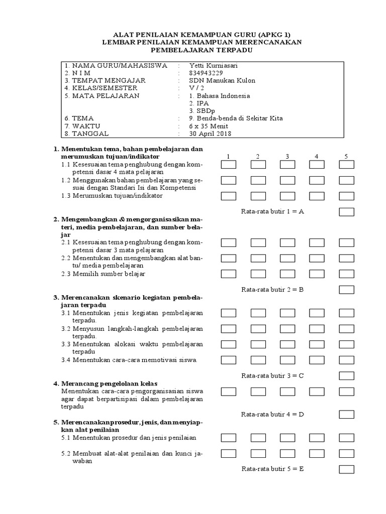 Format APKG 1 2 UT MK Pembelajaran Terpadu | PDF | Seni | Sains ...