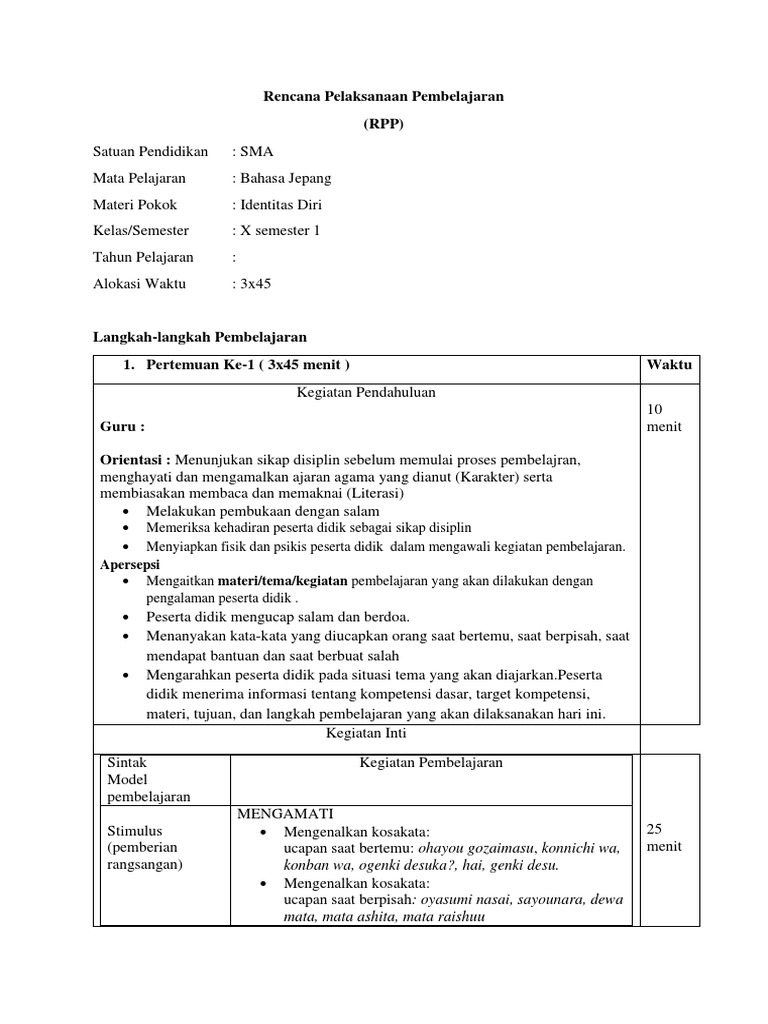 Rencana Pelaksanaan Pembelajaran Bahasa Jepang | PDF
