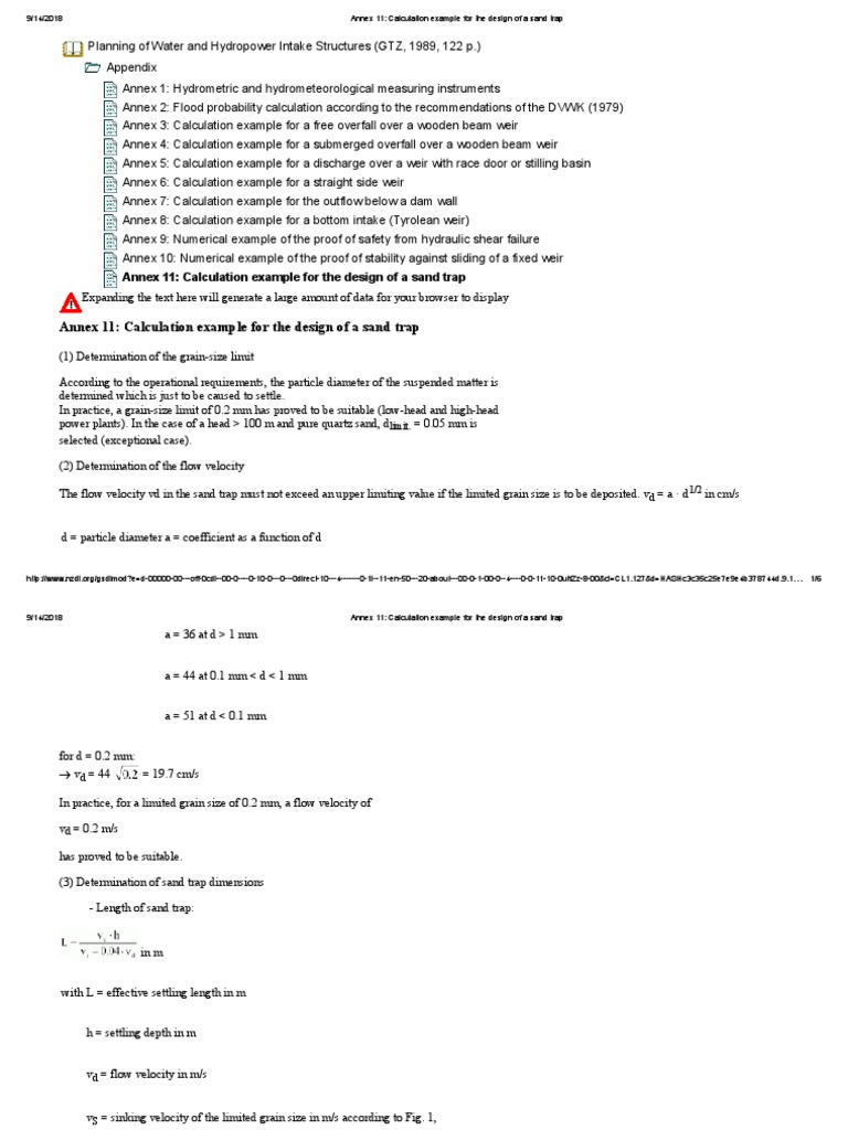 Annex 11 - Calculation Example For The Design of A Sand Trap | PDF ...