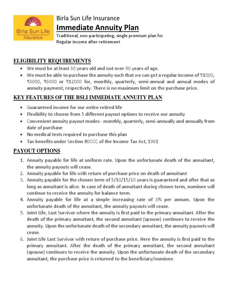 Birla Sun Life Insurance Annuity Plan | PDF | Life Annuity | Annuity ...