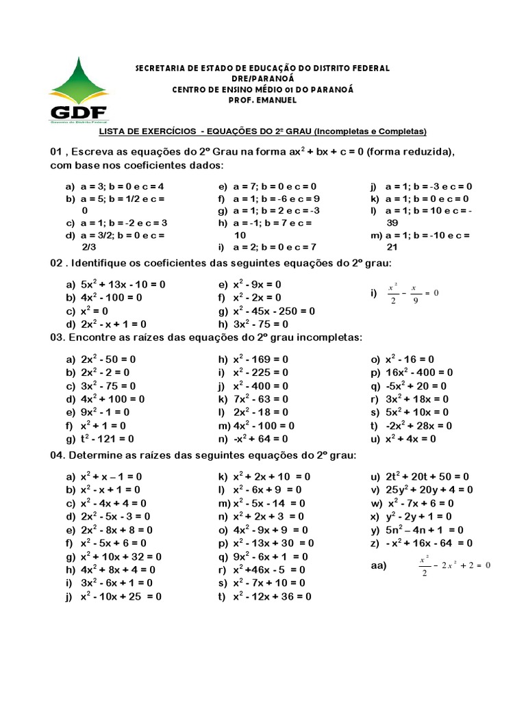 Lista De Exercícos Equações Do 2º Grau Pdf