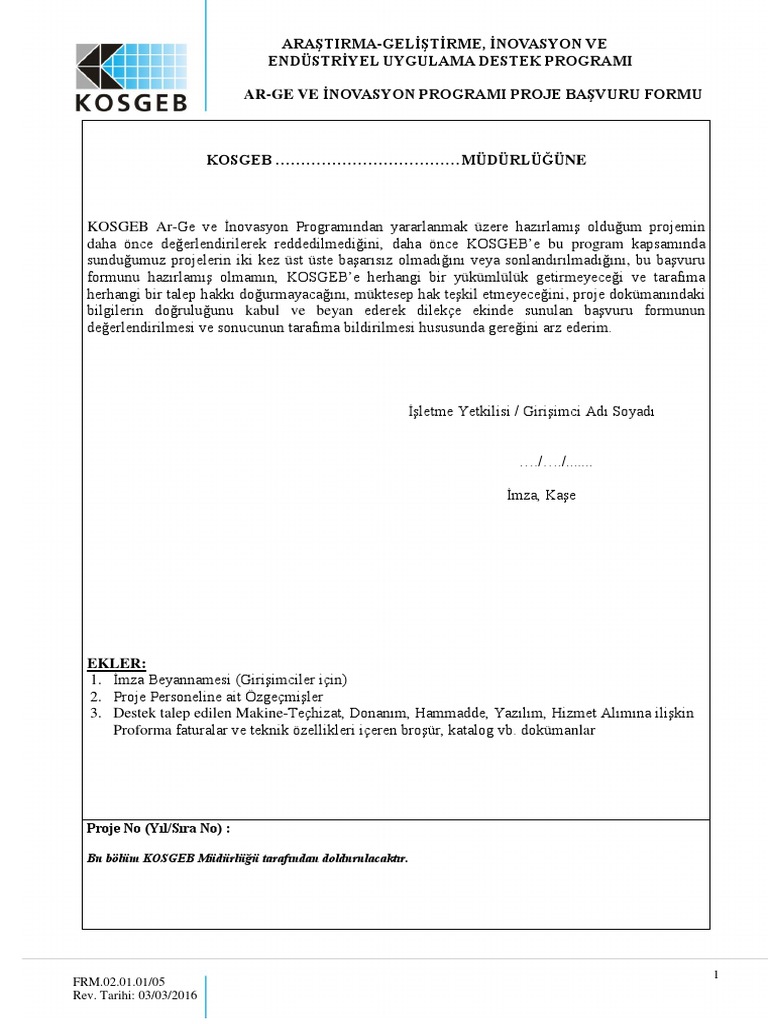 FRM 02.01.01 - Ar-Ge Ve İnovasyon Programı Proje Basvuru Formu | PDF