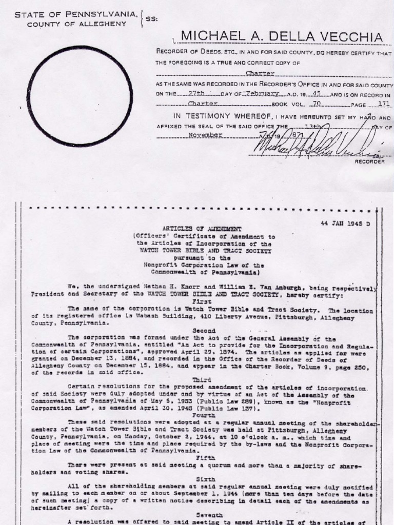 1945 Charter of Watchtower Bible and Tract Society | PDF