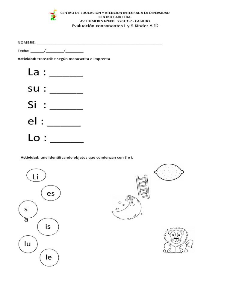 Evaluación de Consonantes L y S en Kínder | PDF | Negocios | Estudios ...