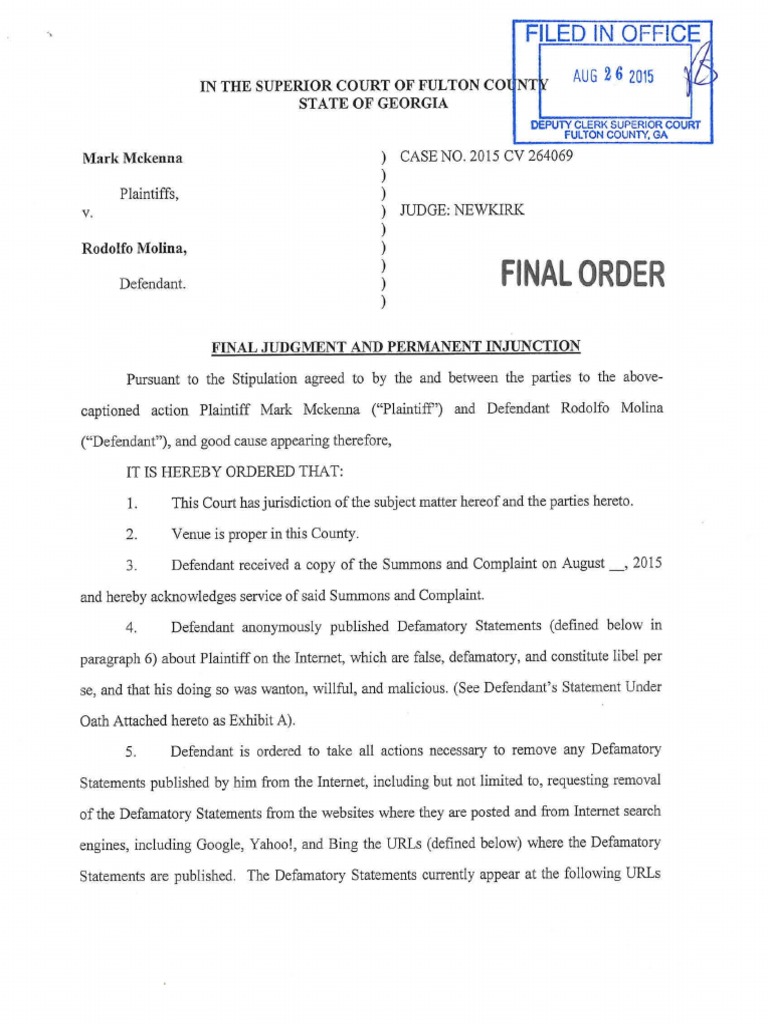 Mark McKenna v. Rodolfo Molina - Final Judgment and Permanent ...