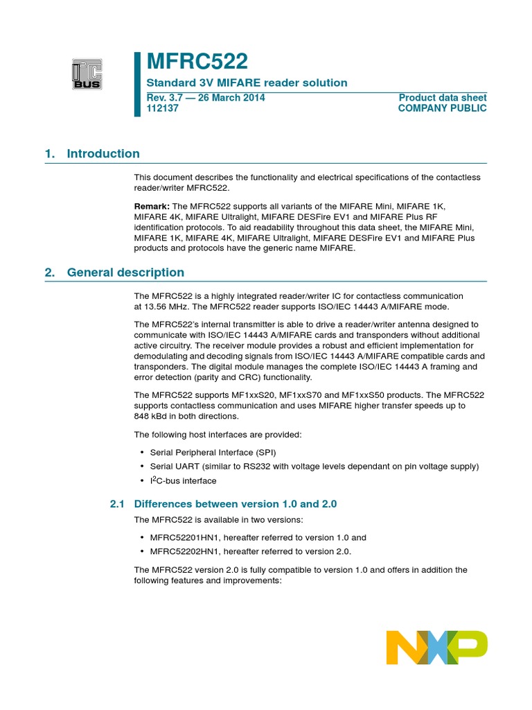 RC522 Datasheet | PDF | Data Transmission | Computer Architecture