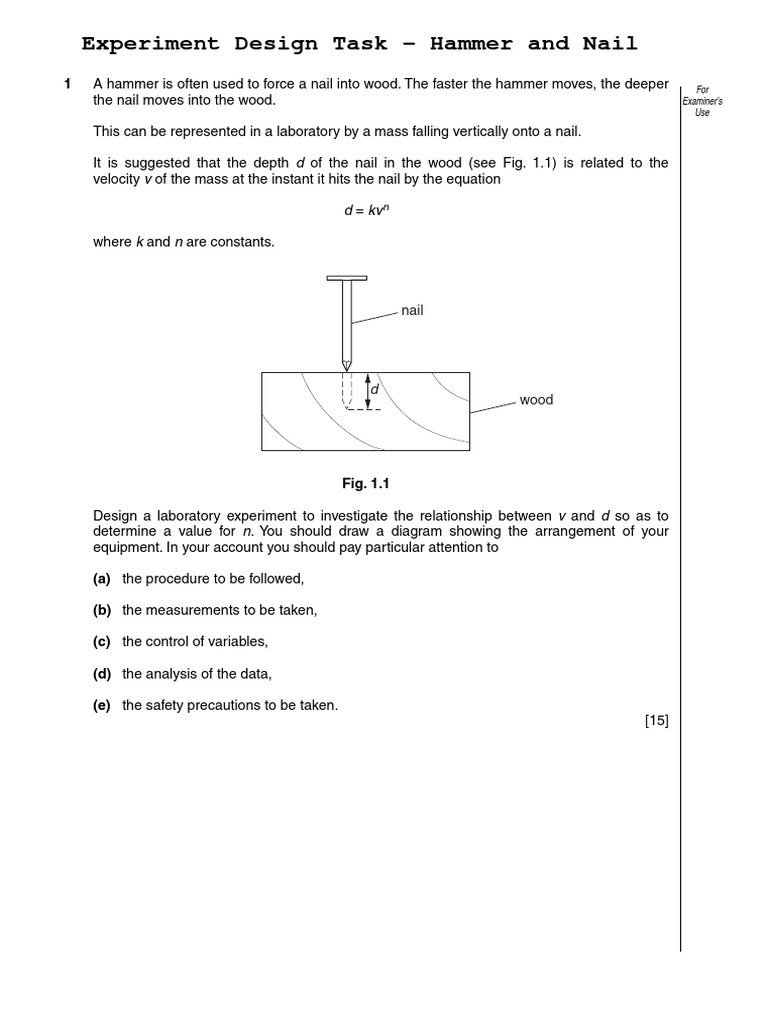 A Level Hammer Nail Experiment Design Task | PDF