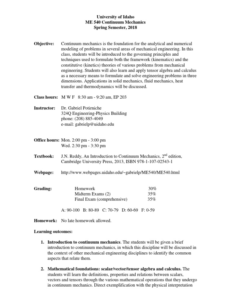 Me540 Syllabus | PDF | Continuum Mechanics | Deformation (Mechanics)