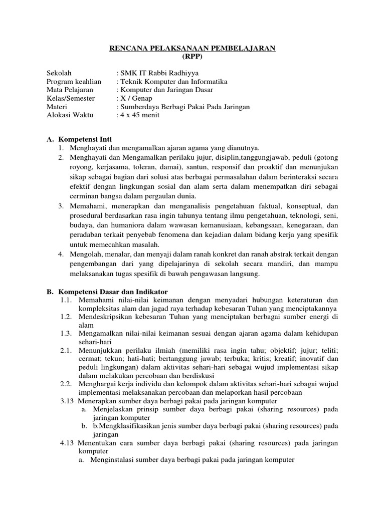RPP Komputer Dan Jaringan Dasar KD 3.13&4.13 | PDF | Karier & Perkembangan