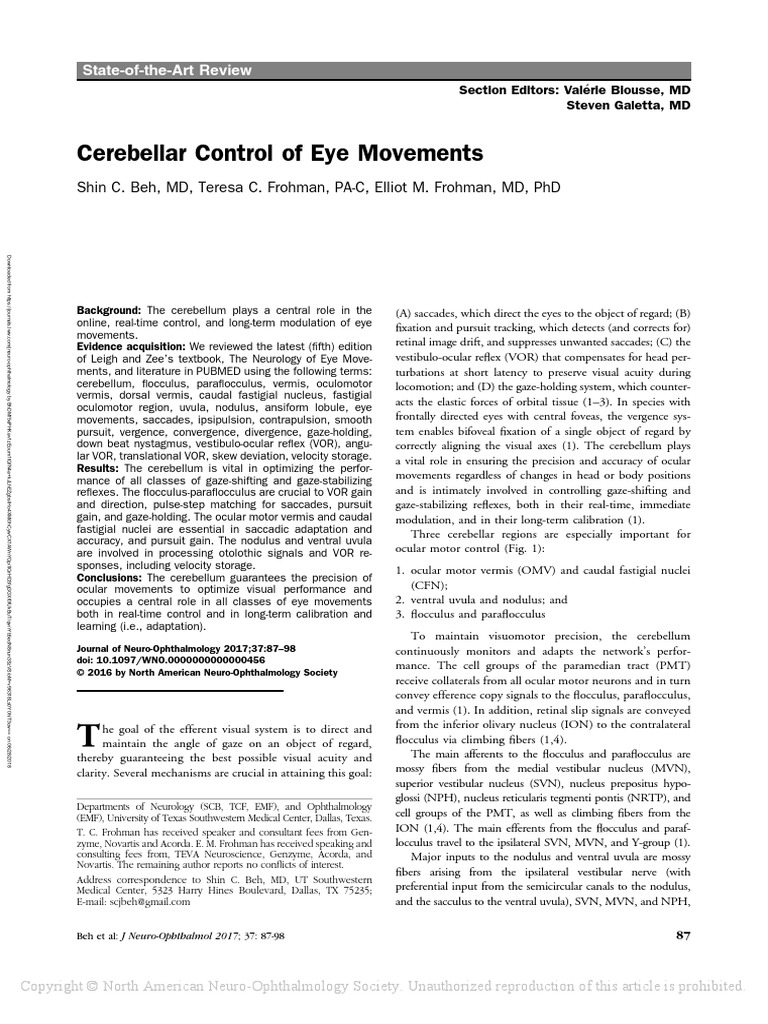 Cerebellar Control of Eye Movements.20 | PDF | Cerebellum | Vestibular ...