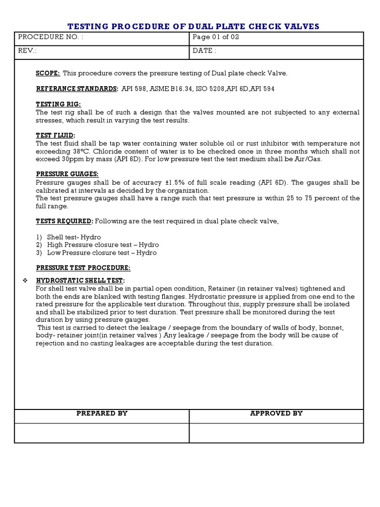 Testing Procedure of Dual Plate Check Valve | PDF | Valve | Pressure ...