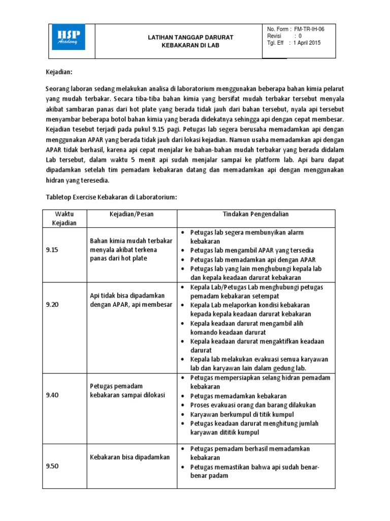 Contoh Tabletop Execercise Kebakaran Di Lab | PDF