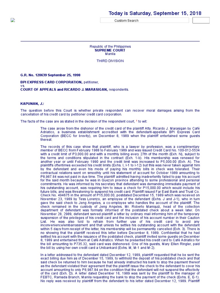 Moral Damages from Credit Card Cancellation | PDF | Damages | Lawsuit