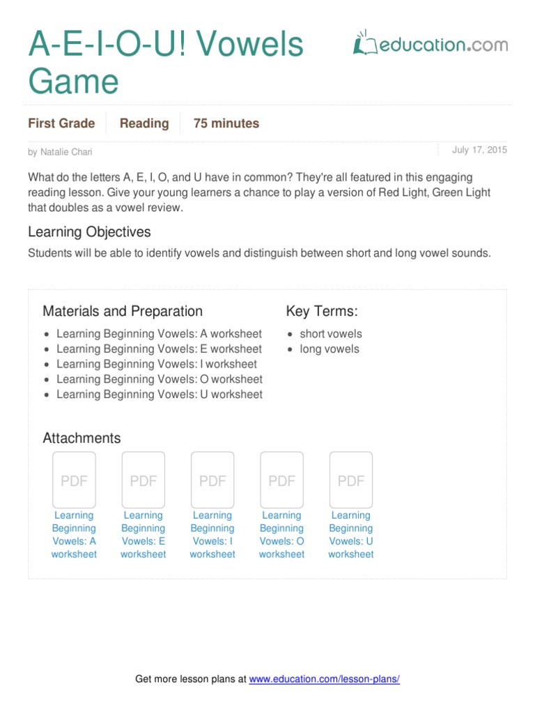 A e I o U Vowels Game | PDF | Vowel | Lesson Plan