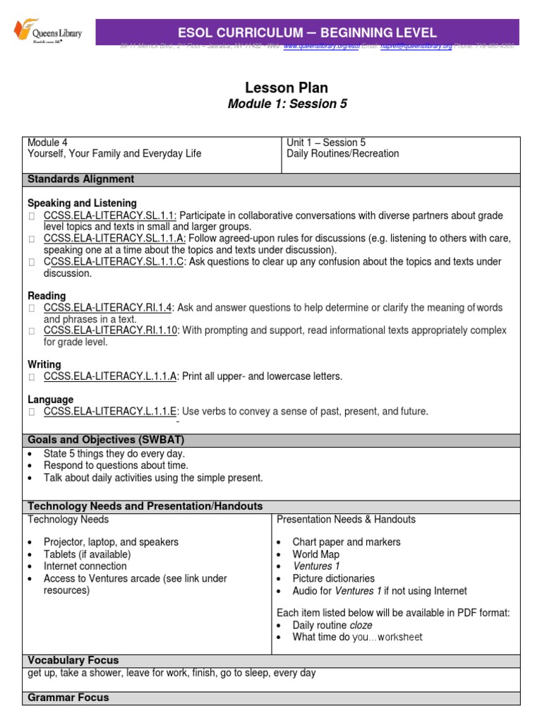 ESOL Beginning Level Lesson Plan | PDF | Vocabulary | English Language