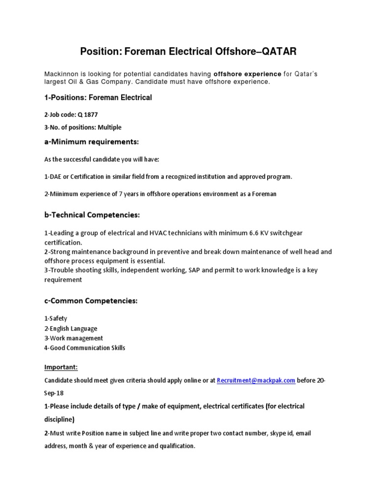Position: Foreman Electrical Offshore - Qatar: A-Minimum Requirements ...