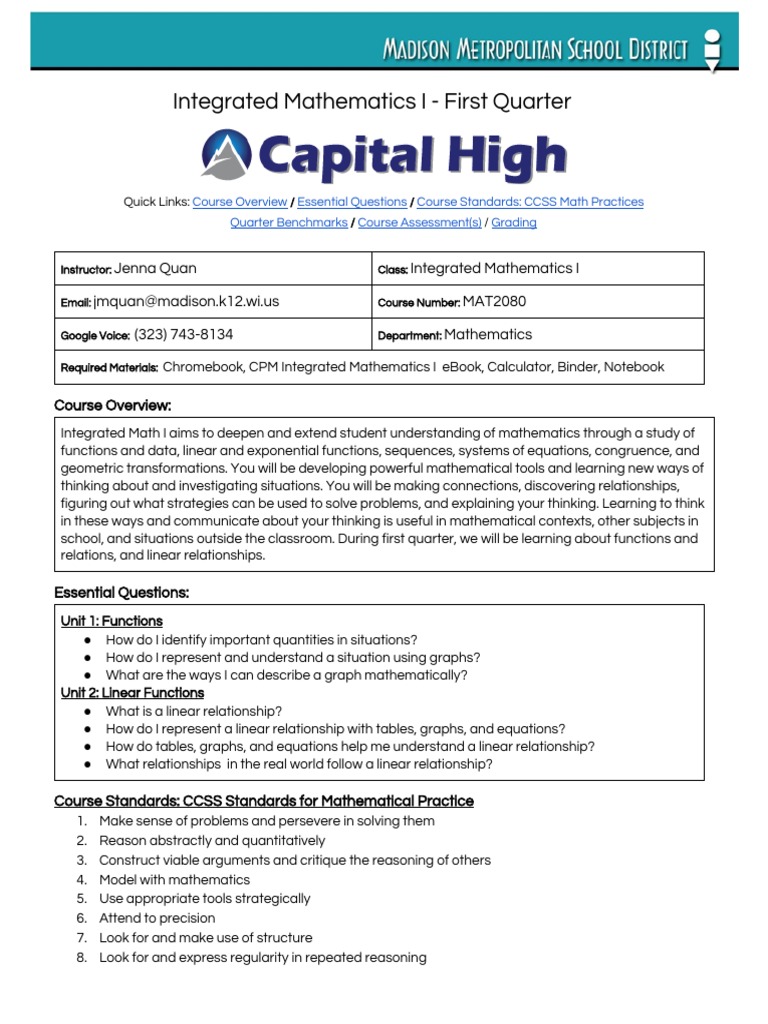 Integrated Math 1 - First Quarter Syllabus | PDF | Educational ...