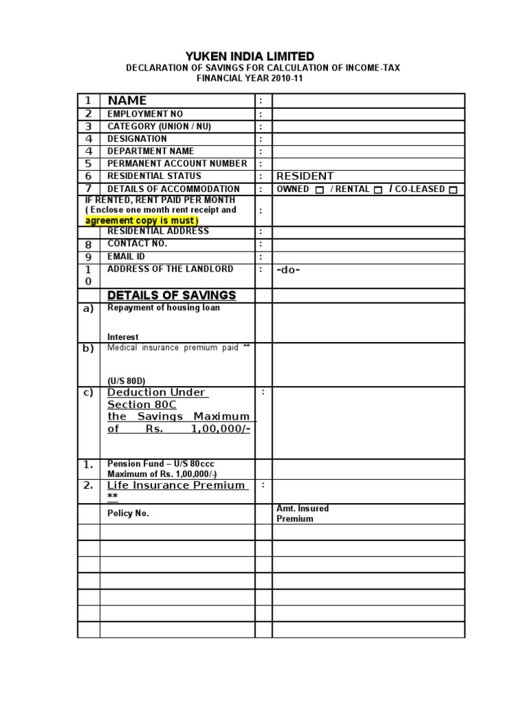 It Declaration Form 2010 11 | PDF | Saving | Insurance