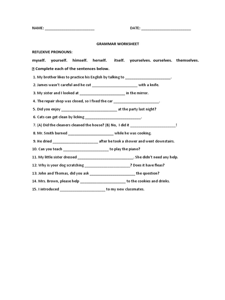 Reflexive Pronouns Worksheet | PDF