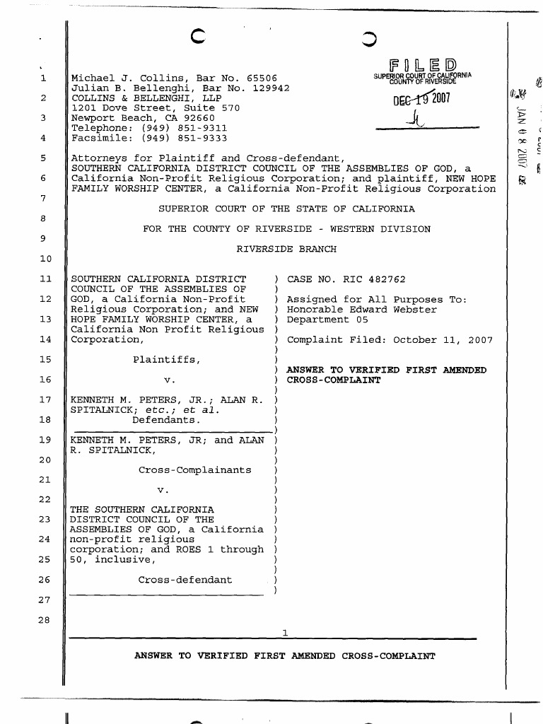 16-RIC482762 Answer To First Amended Cross Complaint 2007-12-19 | PDF | Affirmative Defense ...
