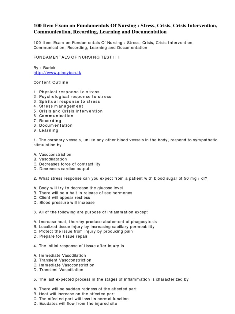 Fundamentals of Nursing (4) - 100 Items - Questions | PDF