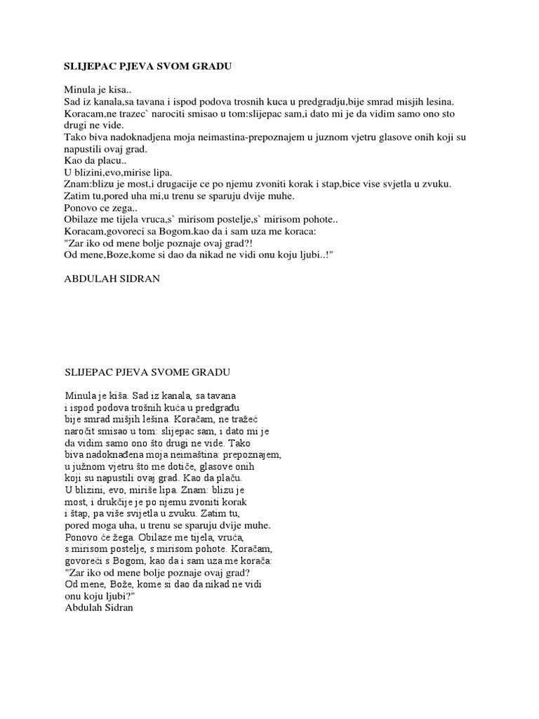 Sidran-Slijepac Pjeva Svome Gradu | PDF