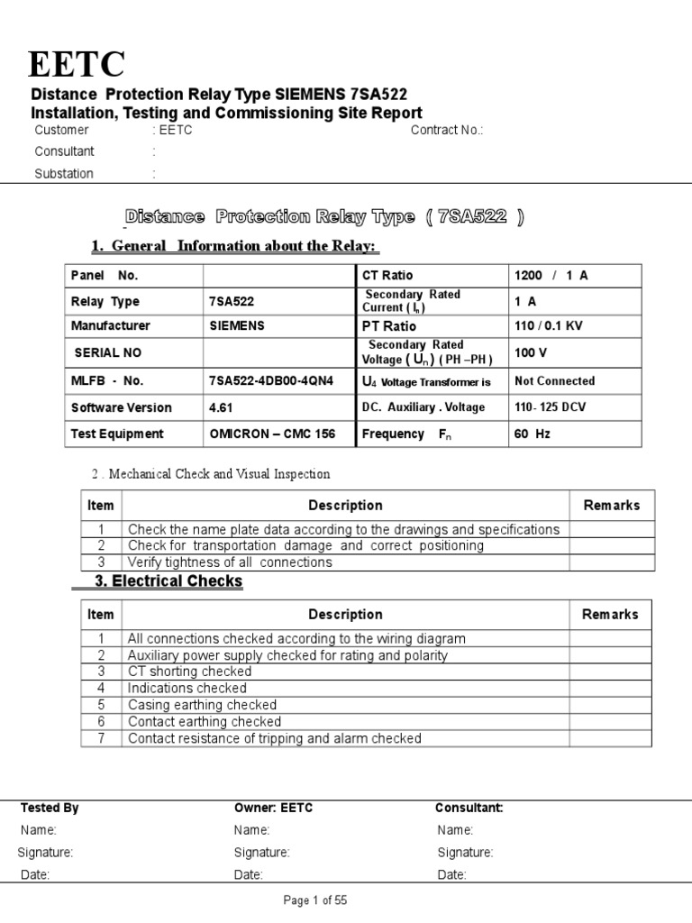 Distance Protection Relay Type SIEMENS 7SA522 Installation, Testing and ...