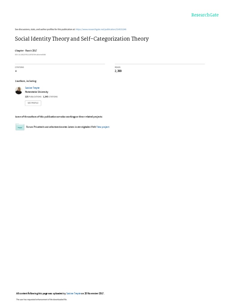 Social Identity Theory and Self-Categorization Theory | PDF | Identity (Social Science) | Social ...