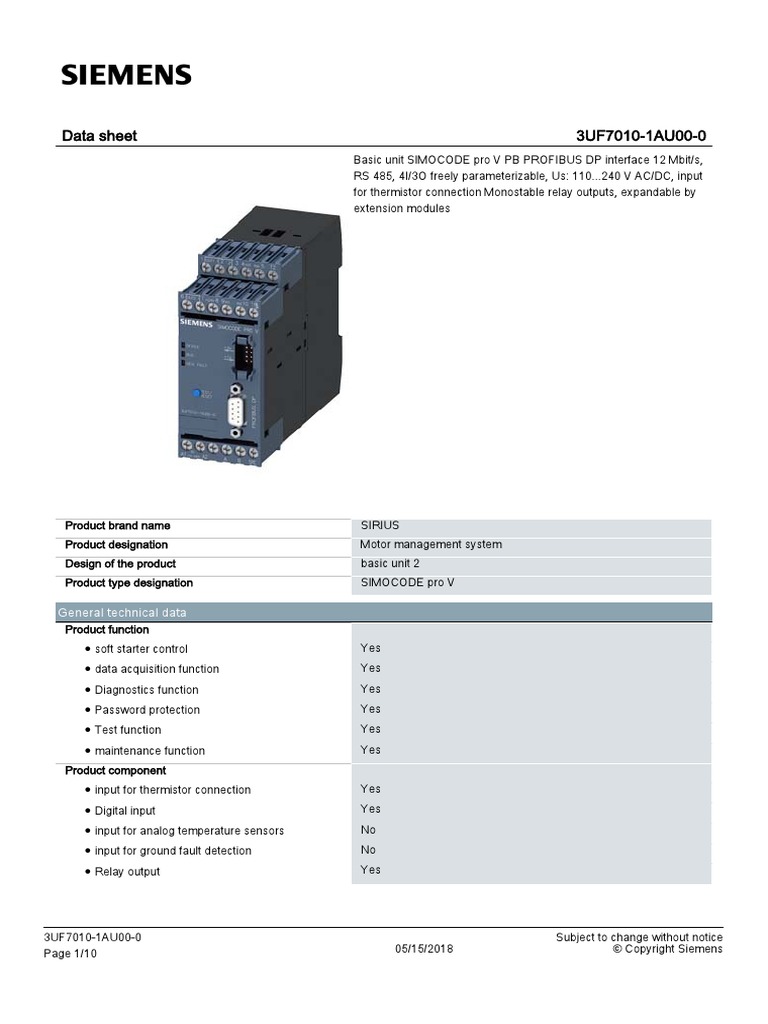 Siemens Data Sheet 3UF7010-1AU00-0 | PDF | Electromagnetic ...