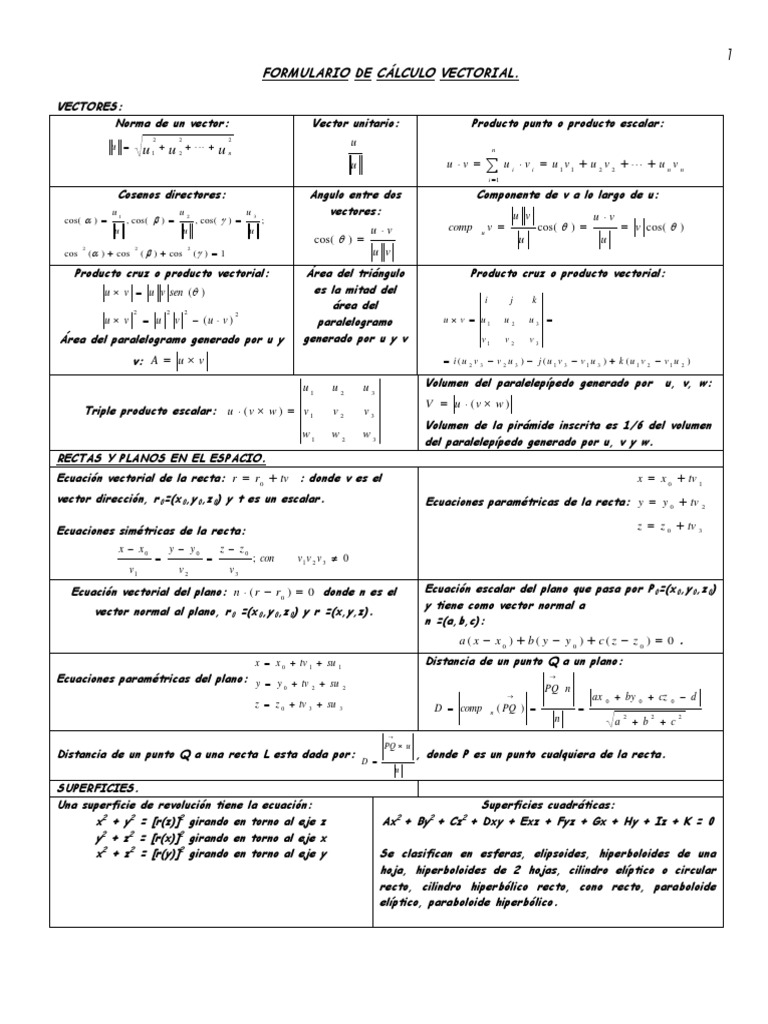 Formulario de Calculo Vectorial | PDF | Vector Euclidiano | Curva