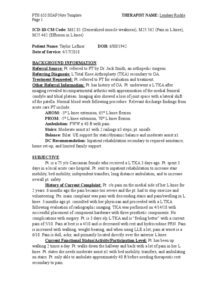 soap note sub-acute tka | Knee | Anatomical Terms Of Motion