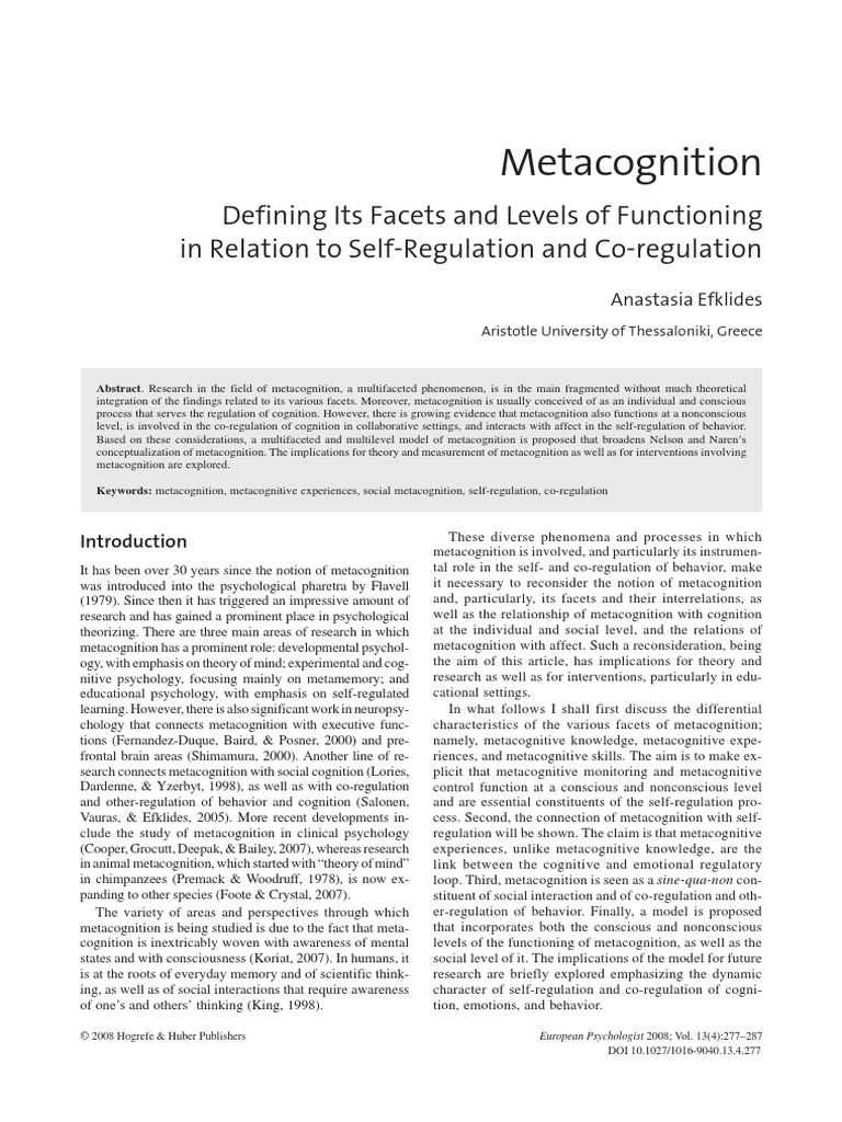 Metacognition Defining Its Facets and Levels of Functioning in Relation ...
