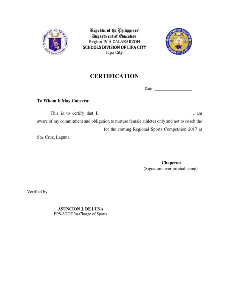 Chaperon Commitment Certificate | Business