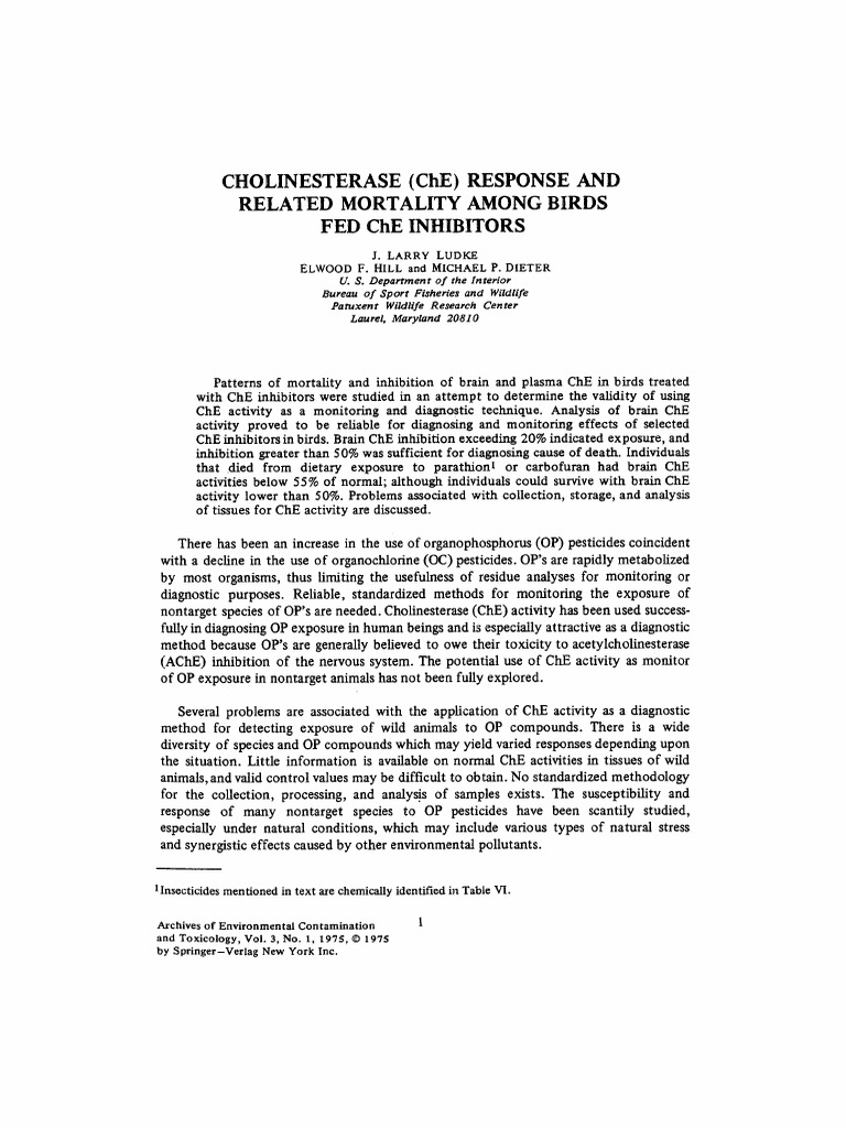 Cholinesterase (Che) Response and Related Mortality Among Birds Fed Che ...