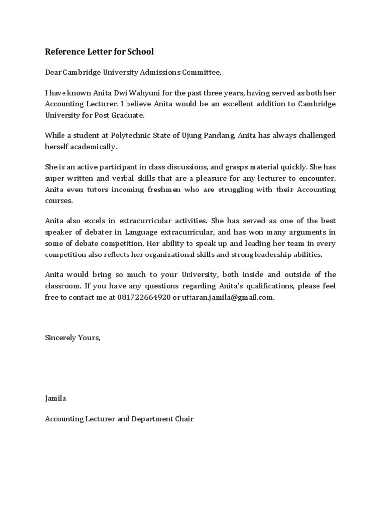 Reference Letter For School | PDF | Professor | University Of Cambridge