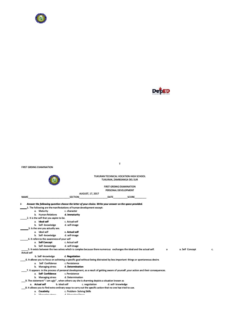 1st Grading Exam Perdev With Tos | PDF | Self | Stress (Biology) 1st Grading Exam Perdev With Tos | PDF | Self | Stress (Biology)