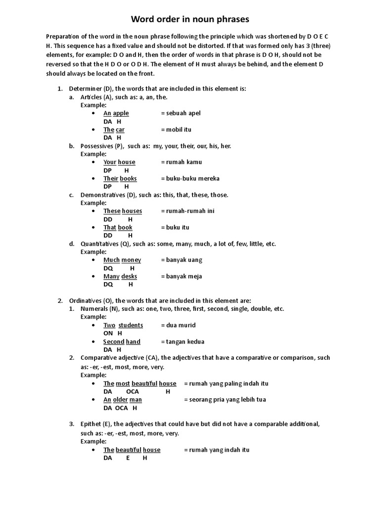 Word Order in Noun Phrases (ENGLISH VERS.) | PDF | Adjective | Philology