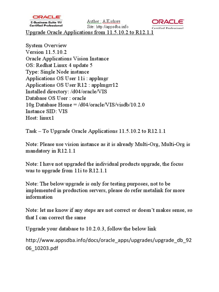 Upgrade R11.5.10.2 To R12.1.1 | PDF | Oracle Database | Data