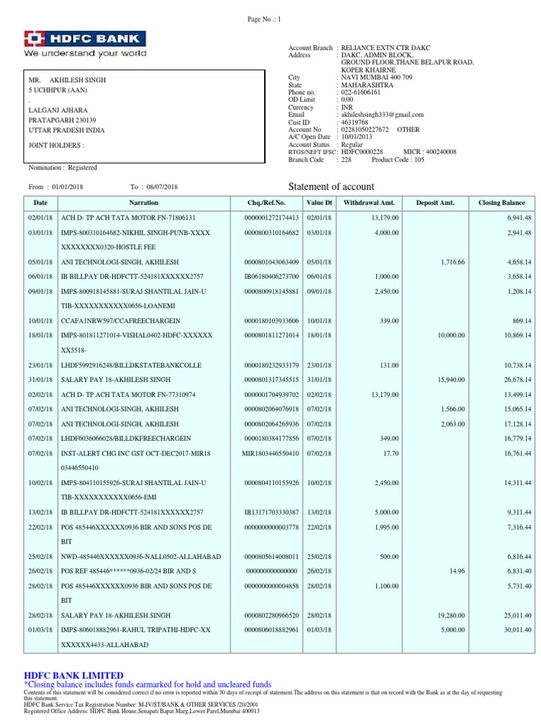 HDFC Statement | PDF | Banks | Money