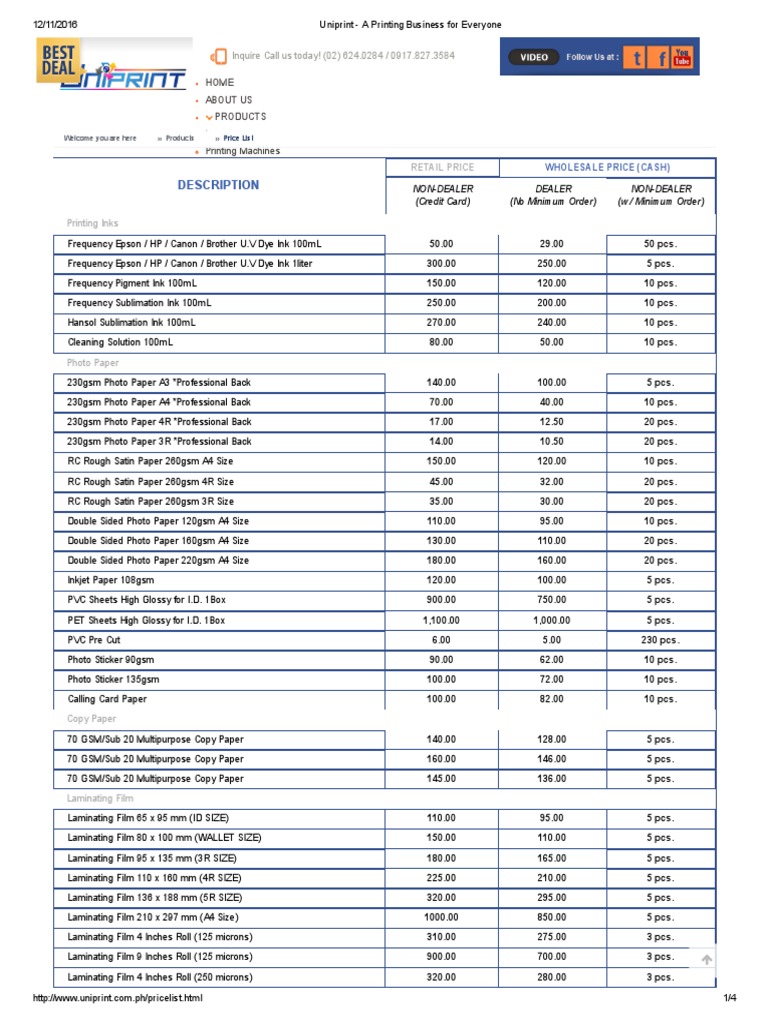 Uniprint Pricelist | PDF | Paper | Media Technology