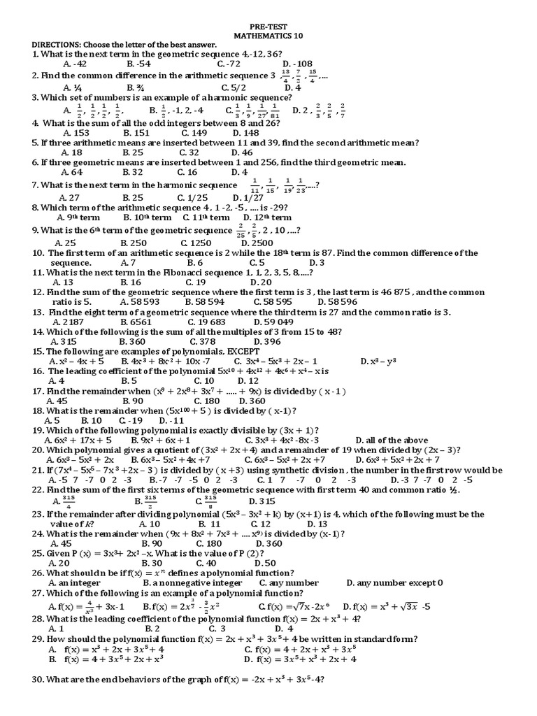 Pre Test Math 10 | PDF | Circle | Angle