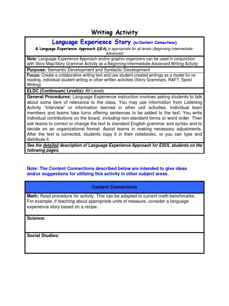 Language Experience Story: Writing Activity | PDF | Reading (Process ...