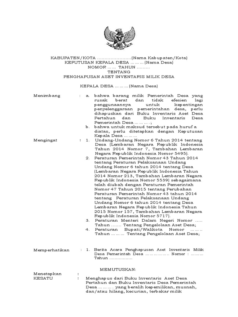 Format Keputusan Kepala Desa Tentang Penghapusan Aset Desa | PDF