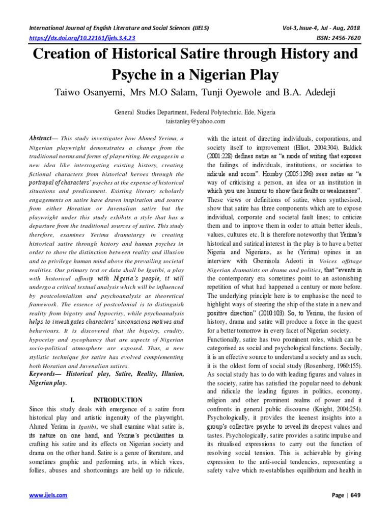 Creation of Historical Satire Through History and Psyche in A Nigerian ...